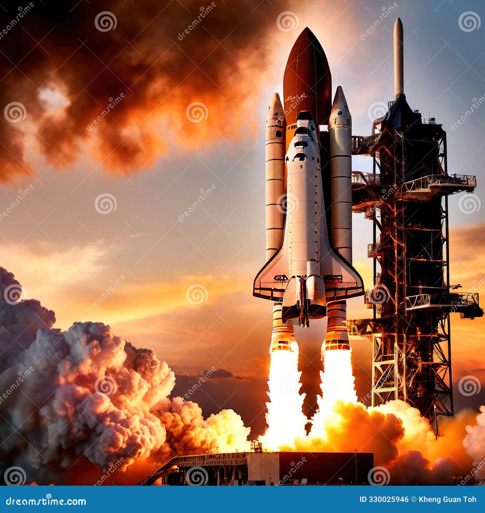 A Space Shuttle Launch at Sunset Stock Illustration - Illustration of ...