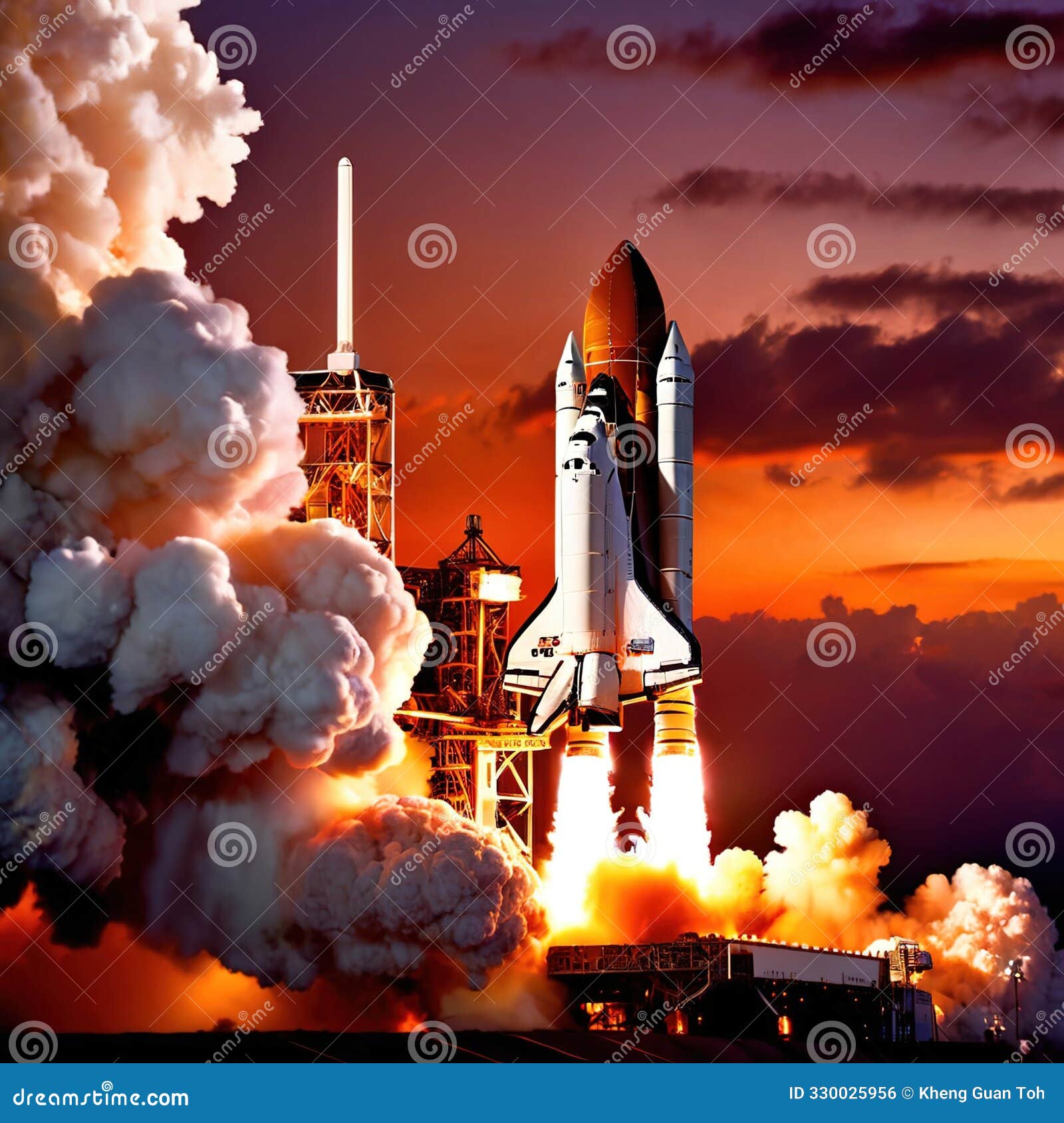 A Space Shuttle Launch at Sunset Stock Illustration - Illustration of ...