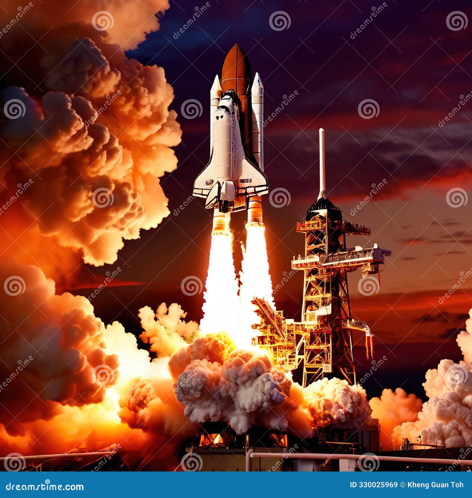 A Space Shuttle Launch at Sunset Stock Illustration - Illustration of ...