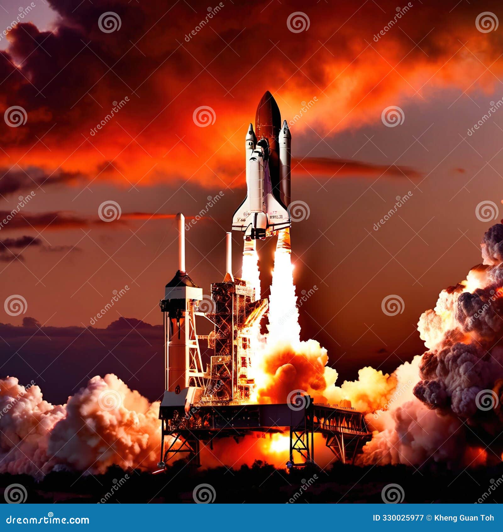 A Space Shuttle Launch at Sunset Stock Illustration - Illustration of ...