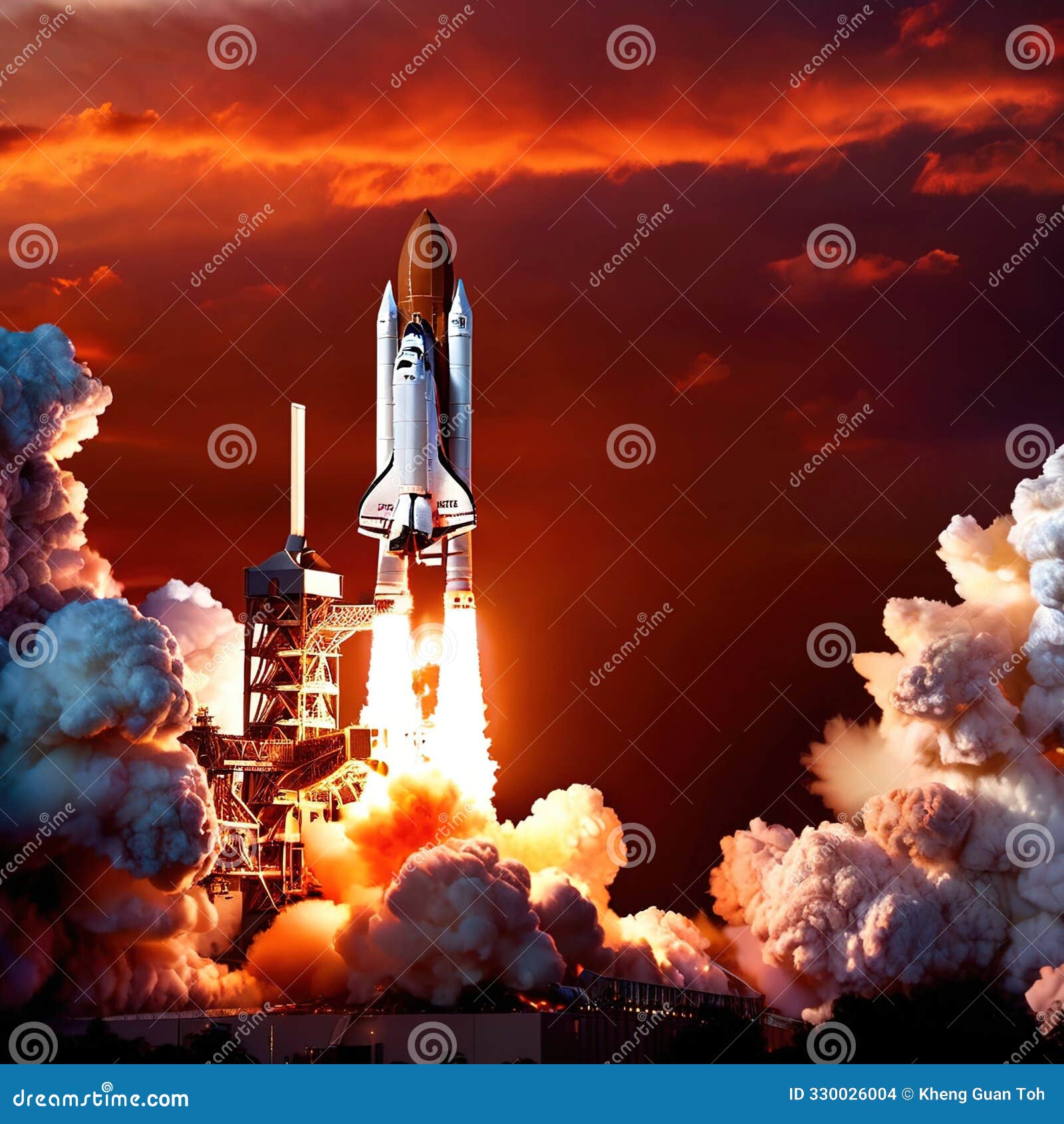 A Space Shuttle Launch at Sunset Stock Illustration - Illustration of ...