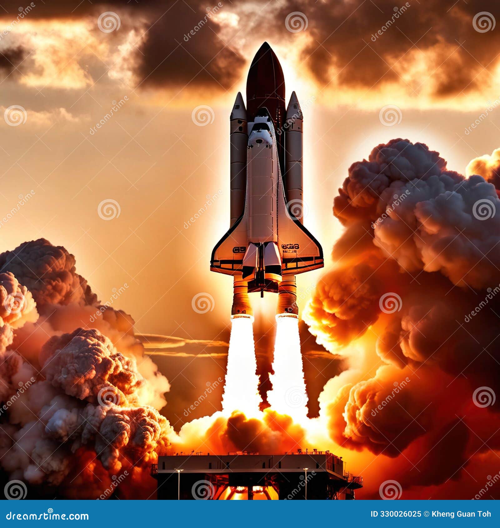 A Space Shuttle Launch at Sunset Stock Illustration - Illustration of ...