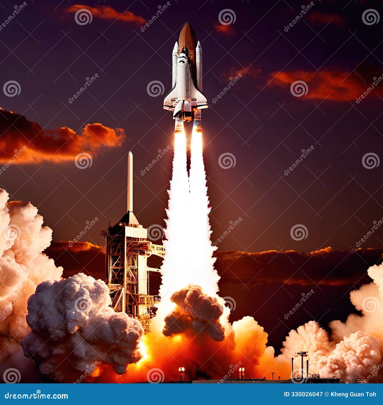 A Space Shuttle Launch at Sunset Stock Illustration - Illustration of ...