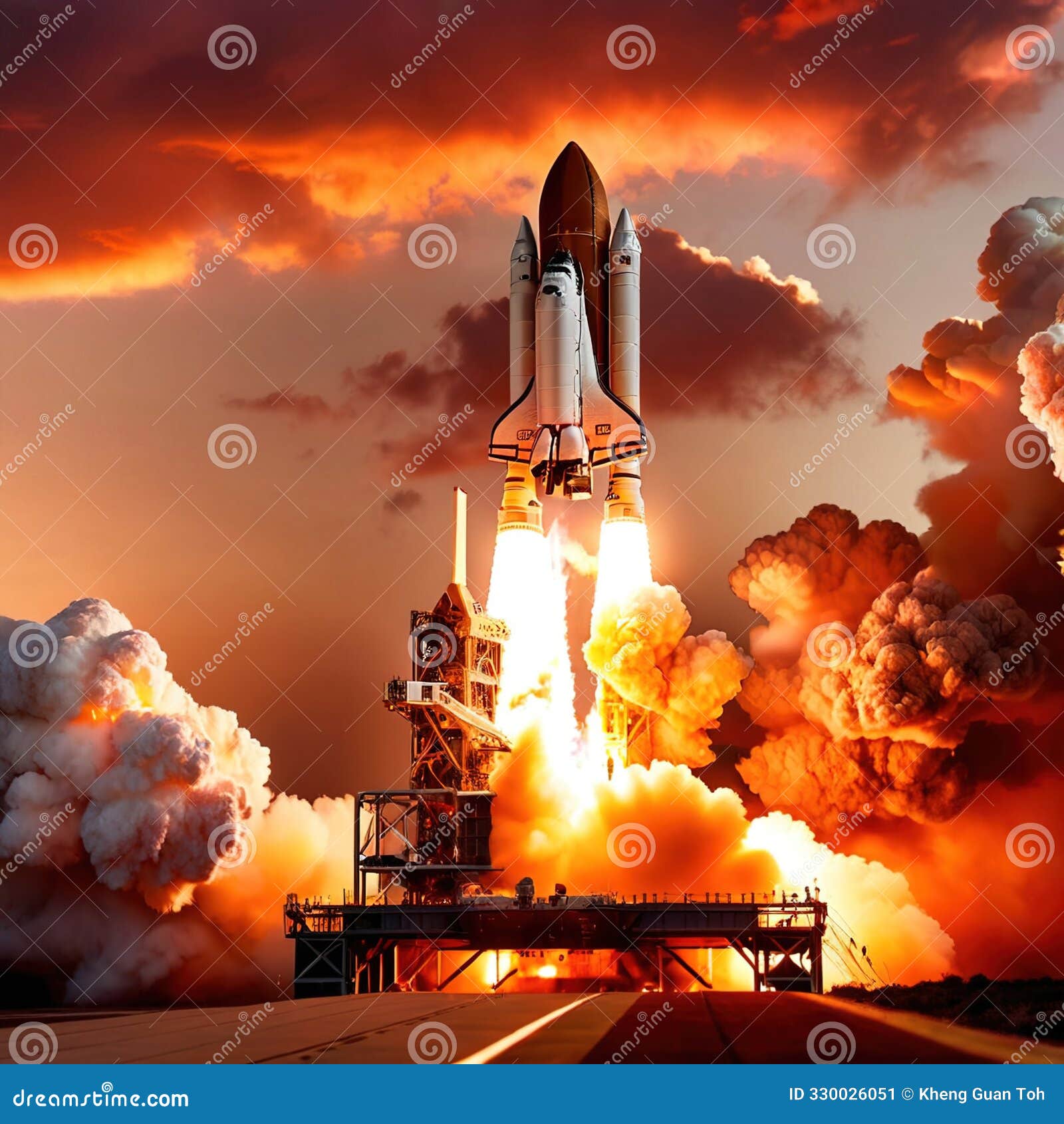 A Space Shuttle Launch at Sunset Stock Illustration - Illustration of ...