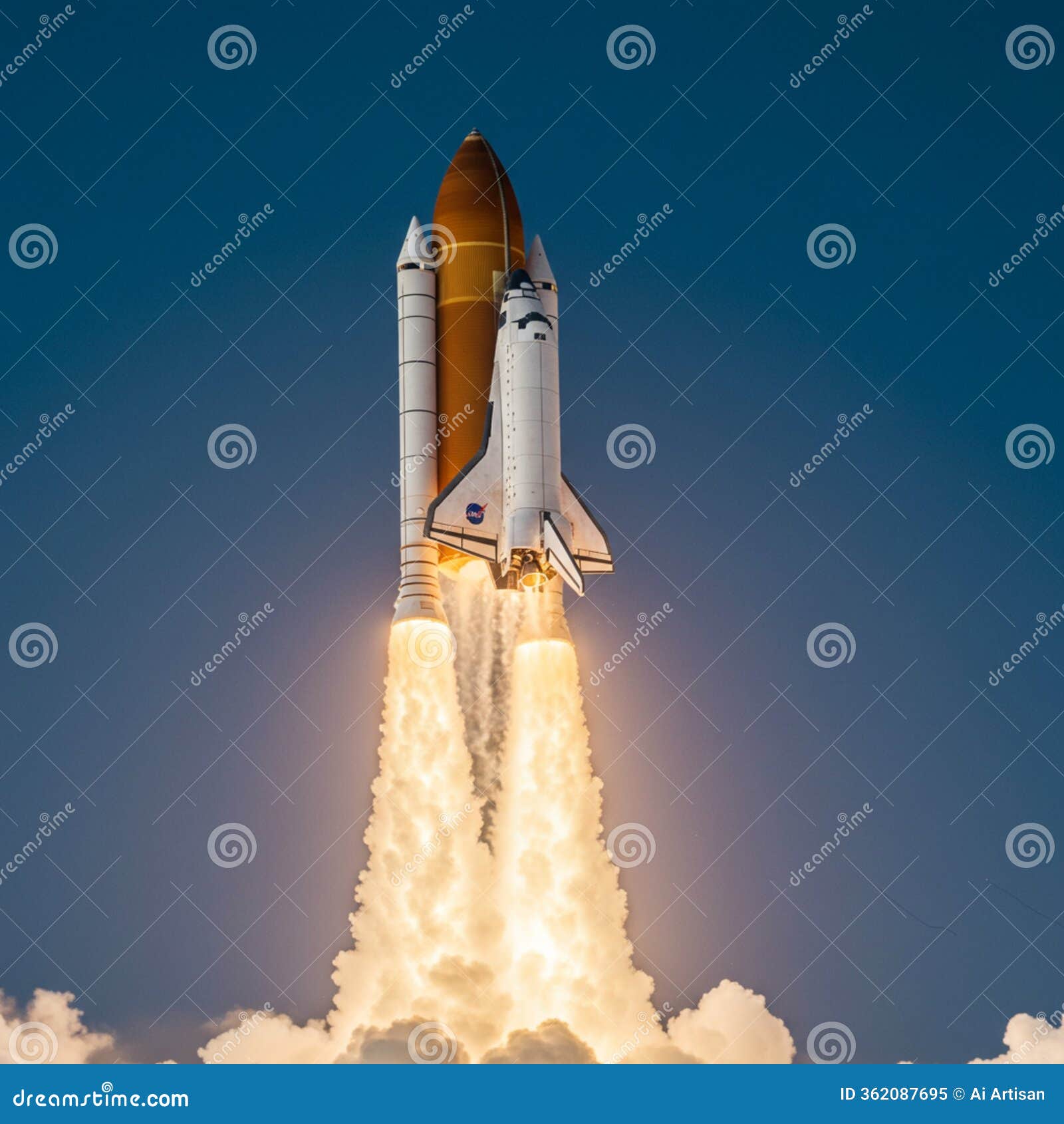 Space Shuttle Launching into a Clear Blue Sky, with Bright Flames and ...