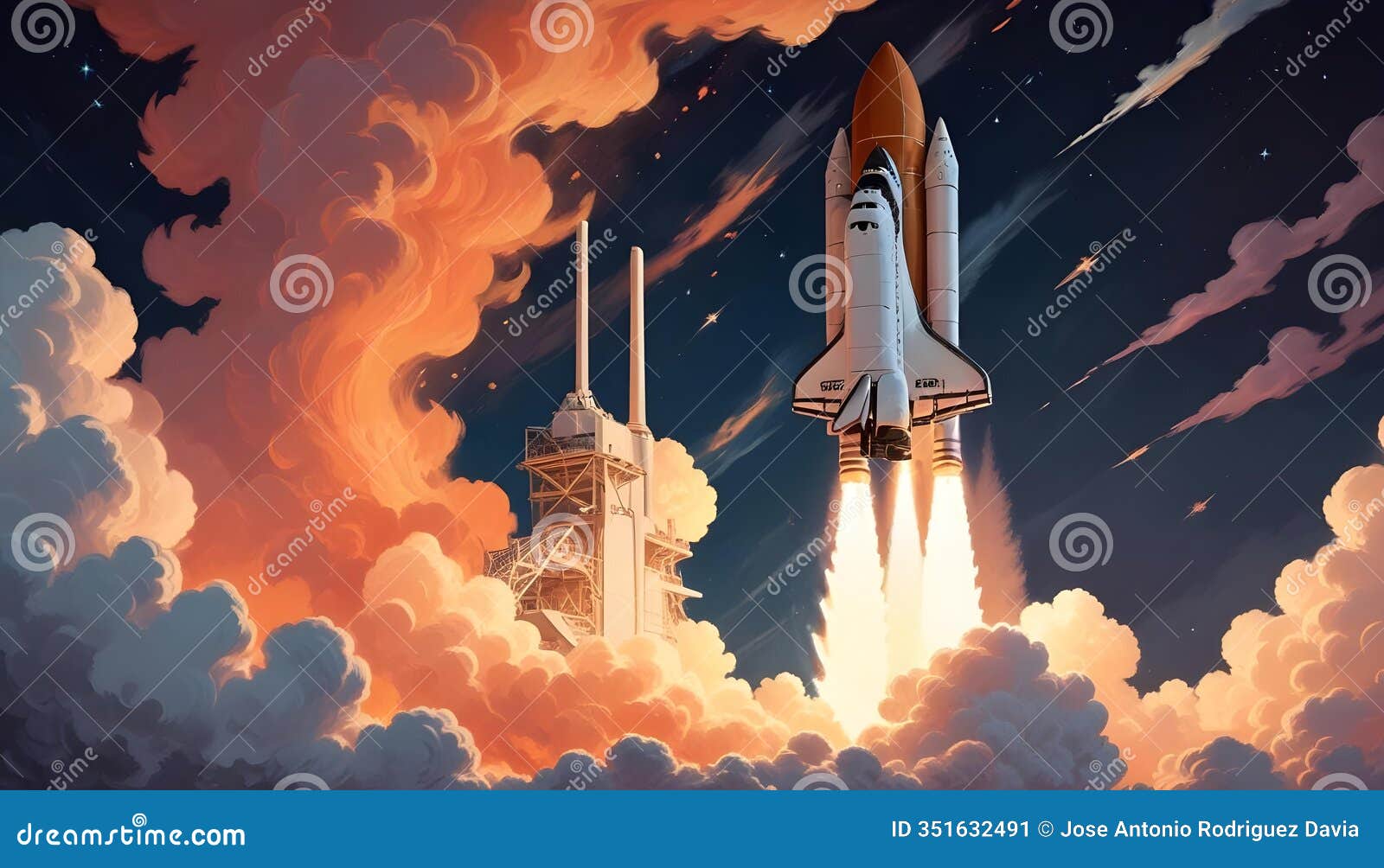 A Space Shuttle Launching into the Night Sky Stock Illustration ...