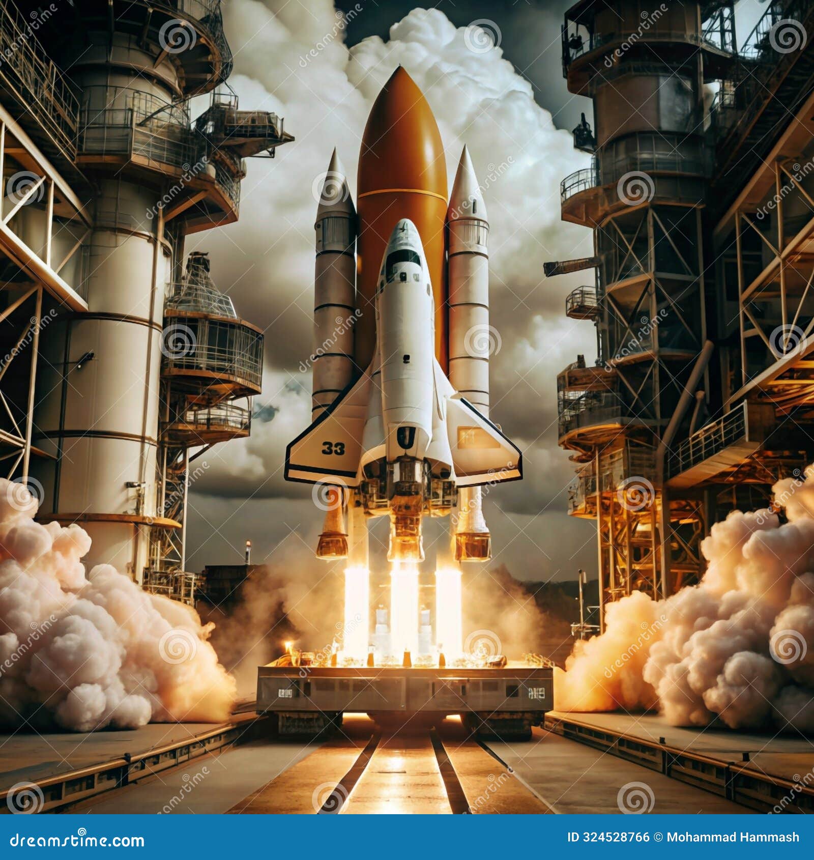 Space Shuttle Launching from Pad with Dramatic Smoke and Clouds Stock ...