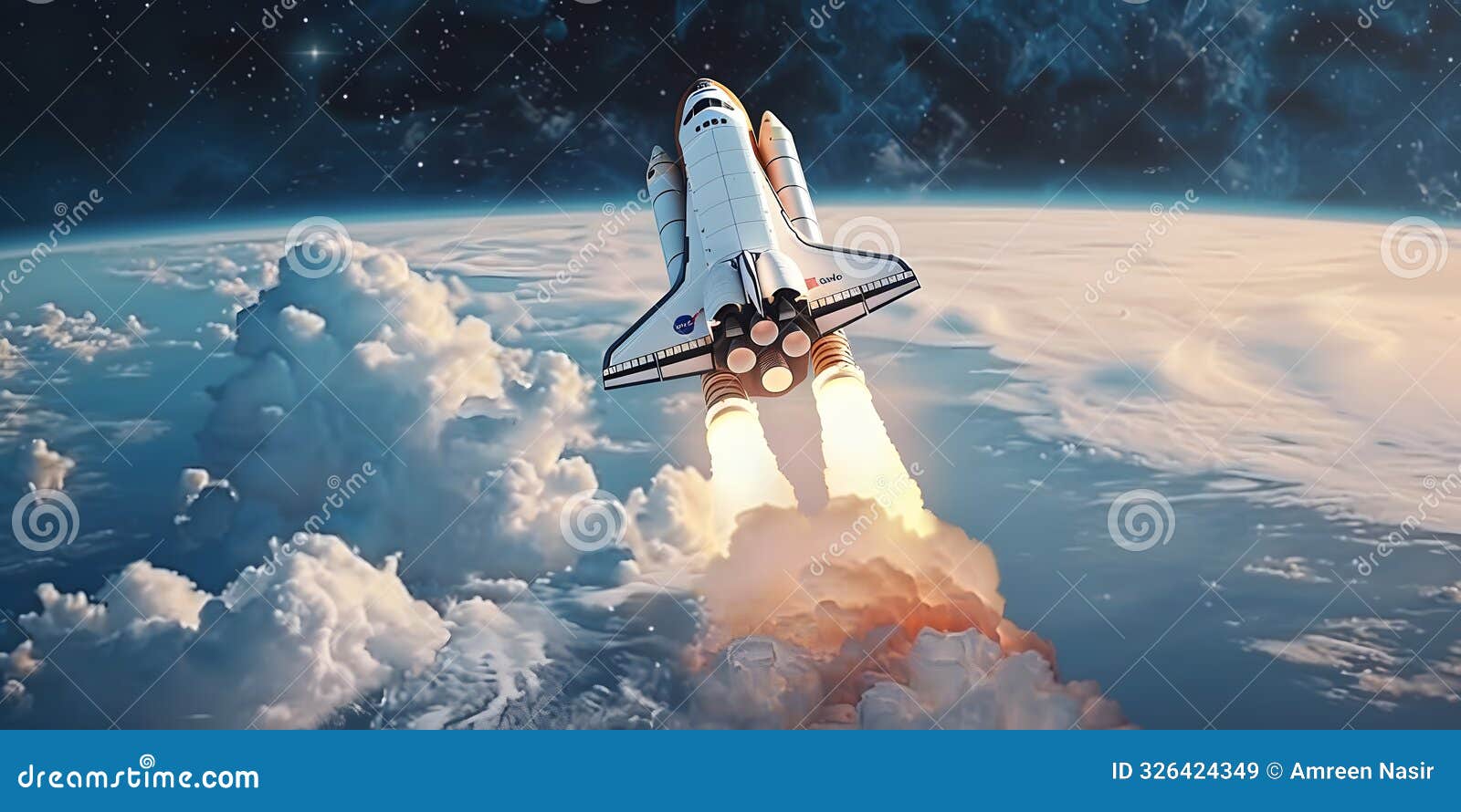 Space Shuttle Launching into Starry Night Sky with Powerful Rocket ...