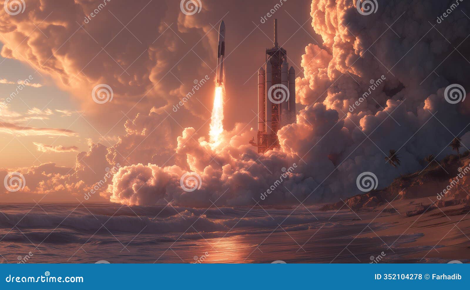 Space Shuttle Launching from Tropical Beach during Sunset Stock ...