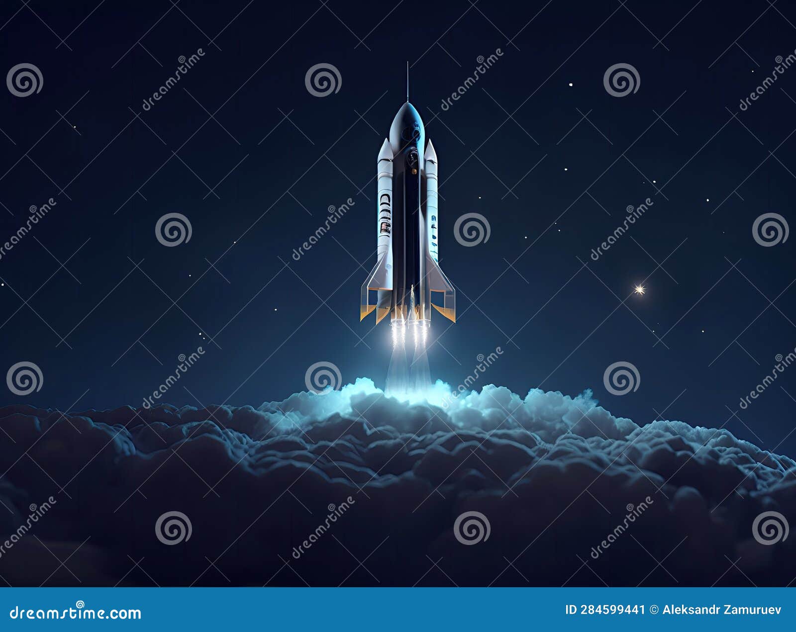 Space Shuttle Rocket in Deep Space with Clouds and Earth Planet ...