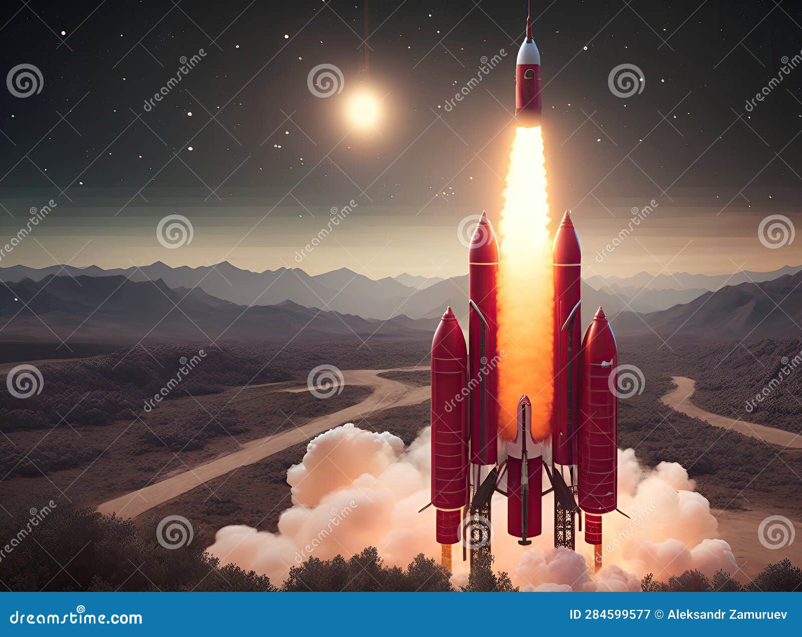 Space Shuttle Rocket in Deep Space with Clouds and Earth Planet ...