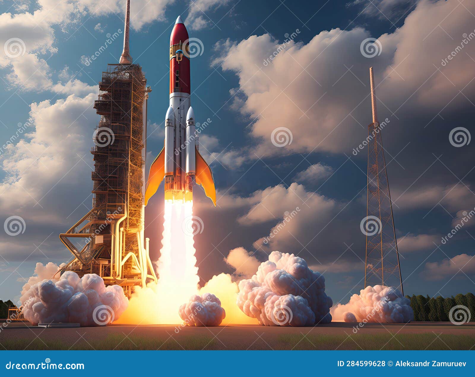 Space Shuttle Rocket in Deep Space with Clouds and Earth Planet ...