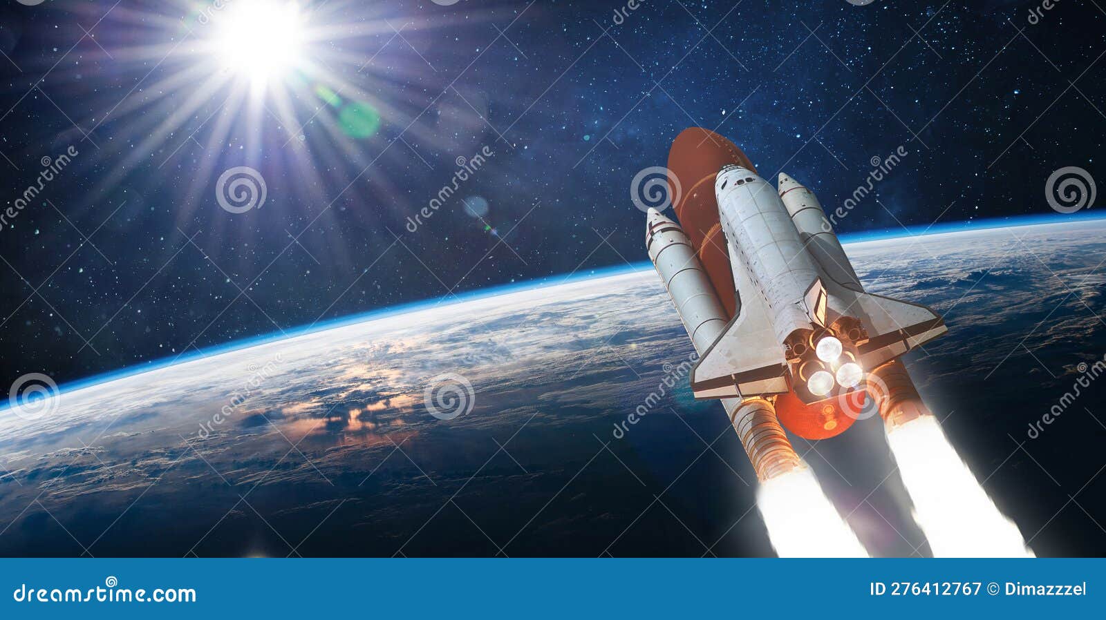 Space Shuttle Rocket in Deep Space Near Earth Planet. Spaceship on ...