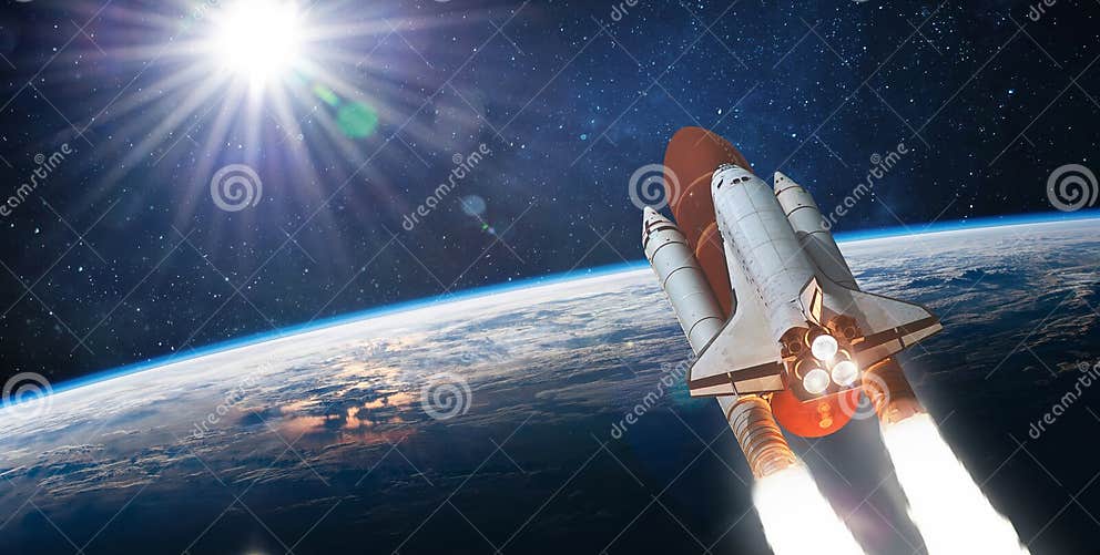 Space Shuttle Rocket in Deep Space Near Earth Planet. Spaceship on ...