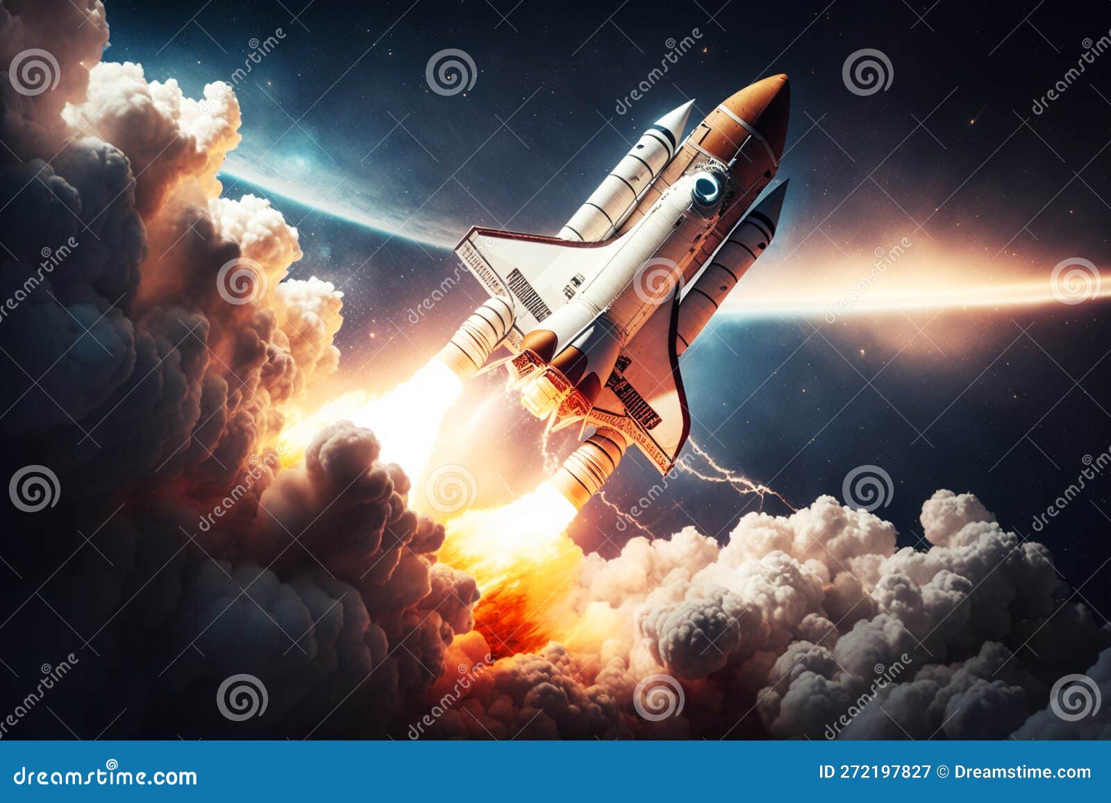 Space Shuttle Rocket Launch in Clouds with Stars in Outer Space ...