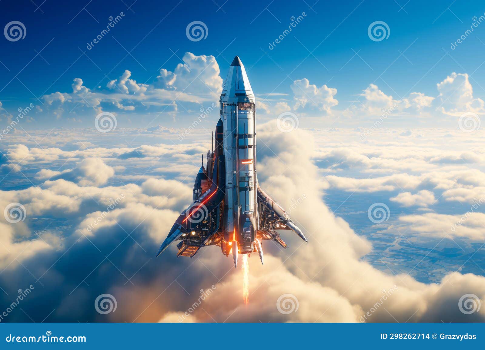 Space Shuttle Rocket Lift Off through the Clouds into Sky Stock ...