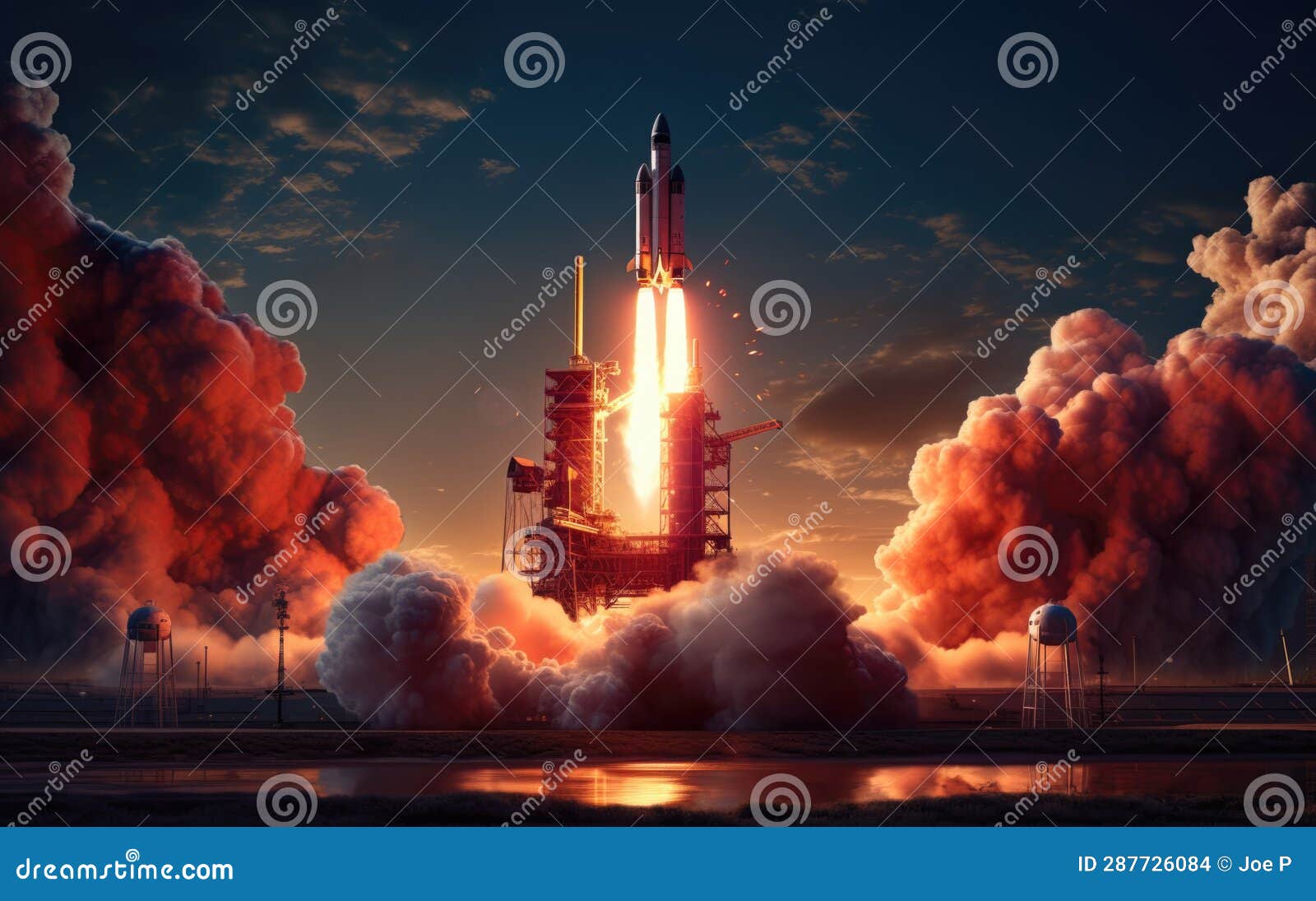 Space Shuttle Rocket Taking Off from a Launch Pad Surrounded by Heavy ...