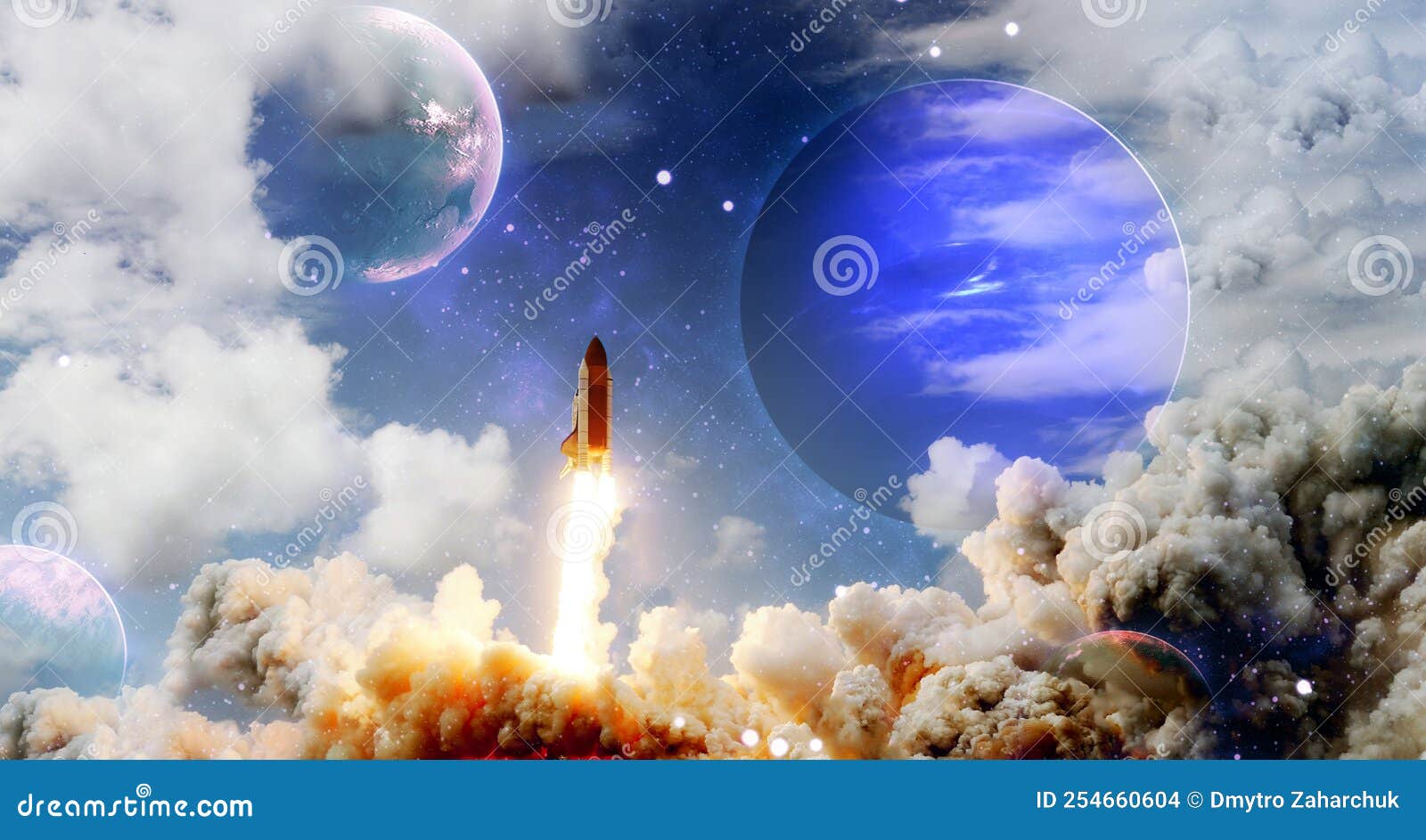 Space Shuttle Rockets Launch into Space on the Starry Sky. Spacecraft ...