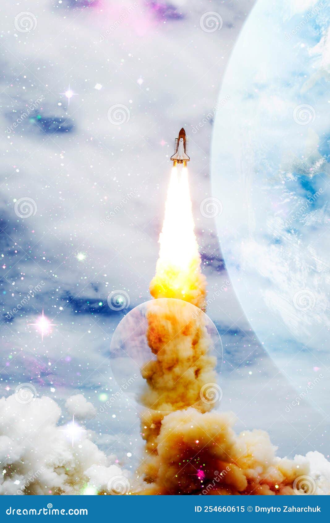 Space Shuttle Rockets Launch into Space on the Starry Sky. Spacecraft ...