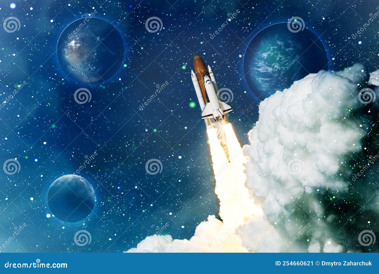 Space Shuttle Rockets Launch into Space on the Starry Sky. Spacecraft ...