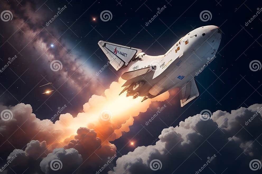 A Space Shuttle Soaring through the Stars, Its Payload of Scientific ...