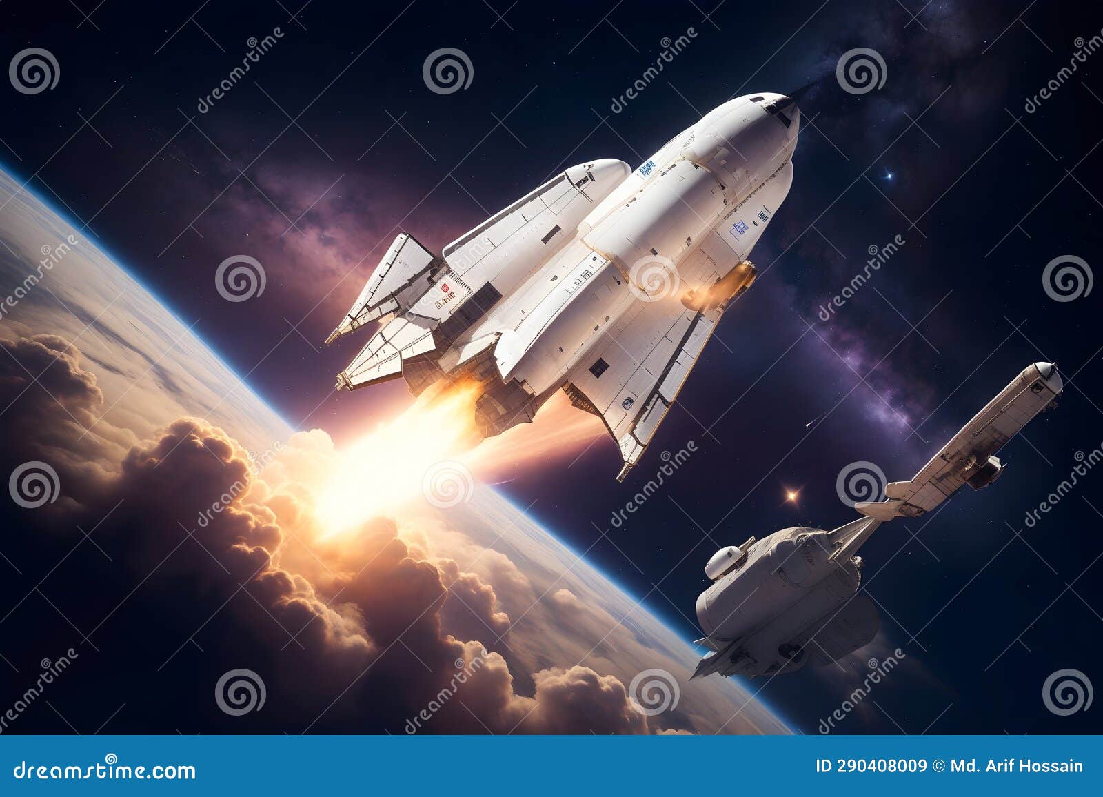A Space Shuttle Soaring through the Stars, Its Payload of Scientific ...