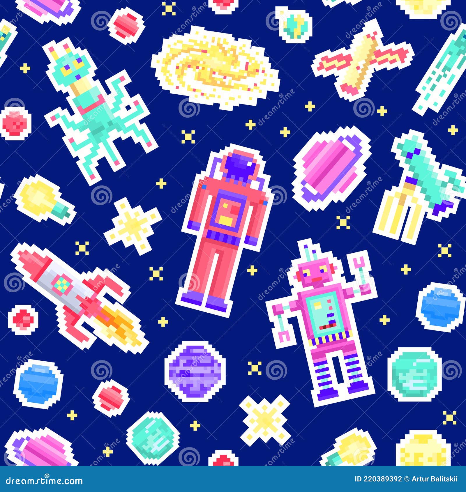 Space Stars Seamless Pattern. Alien Spaceman, Robot Rocket and ...
