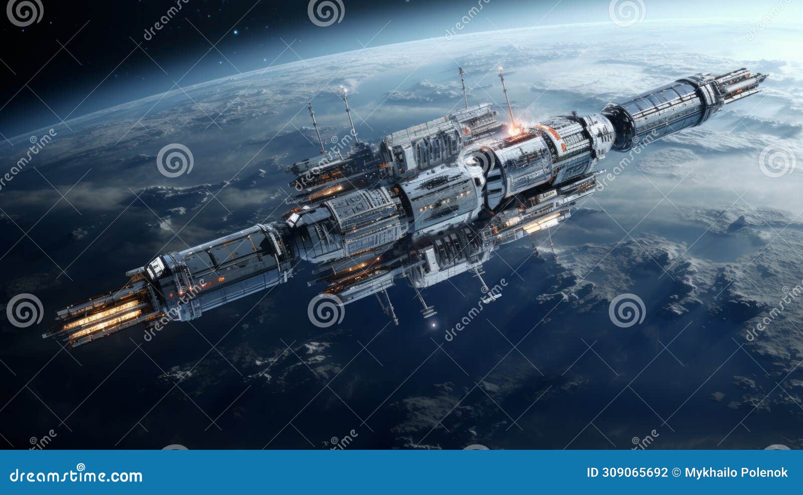 Space Station. Cargo Spaceship on Orbit of Planet Earth Stock Photo ...