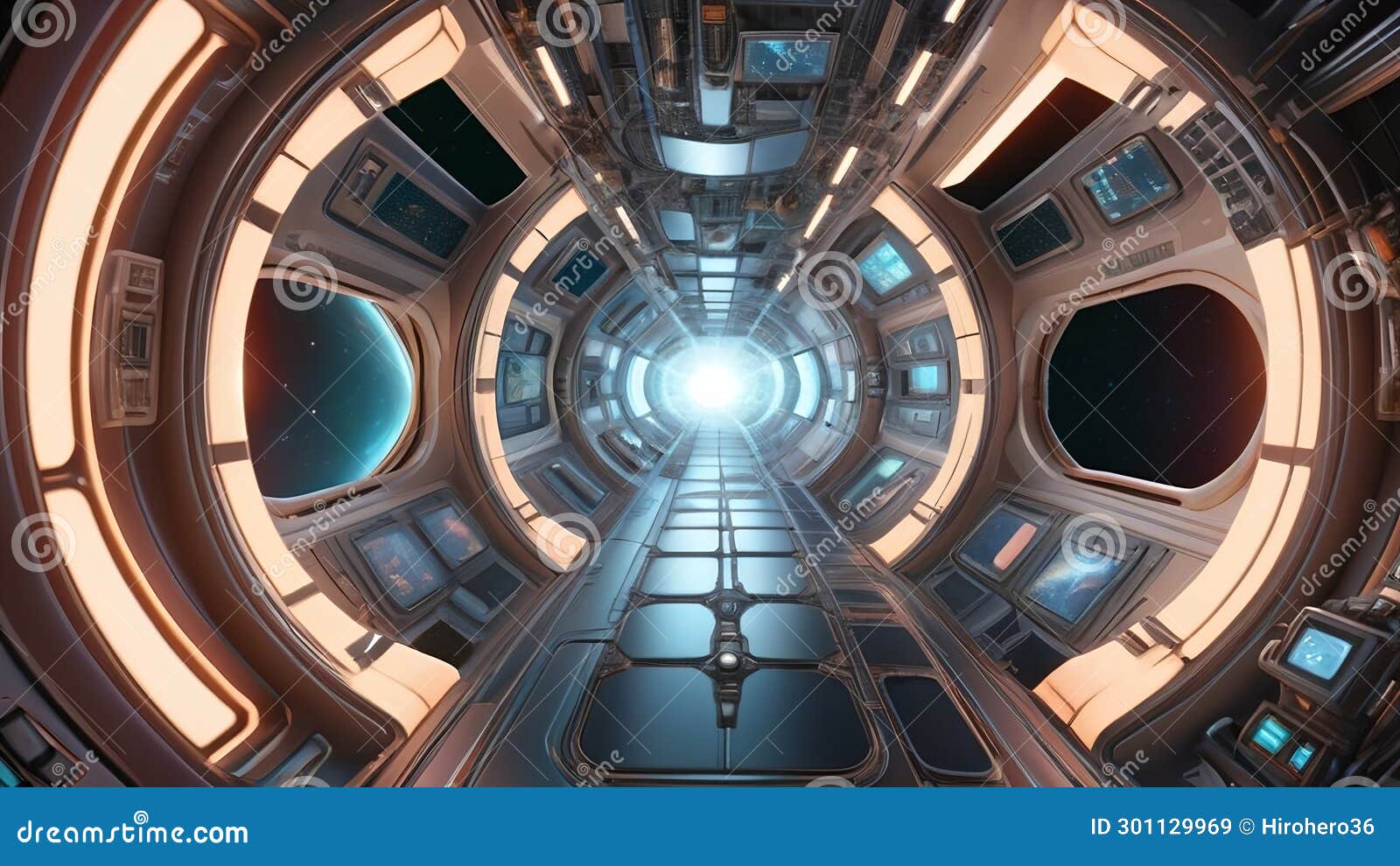 Space Station Corridor with View on Distant Planets and Space. 3d Rendering. AI Generated. Stock ...