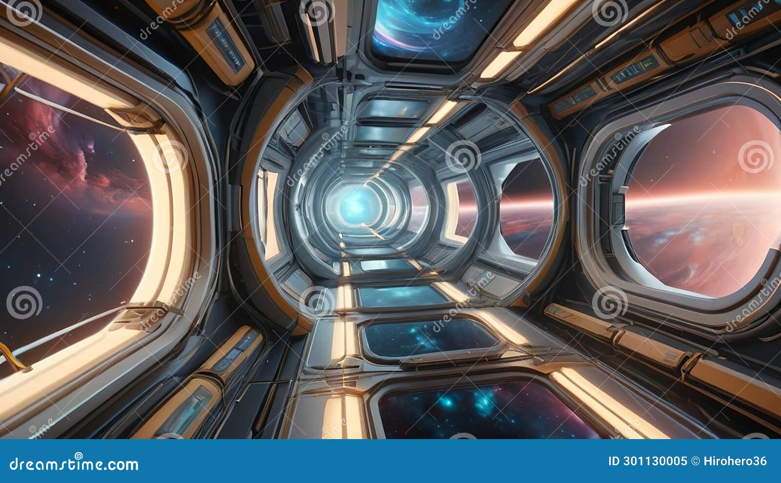 Space Station Corridor with View on Distant Planets and Space. 3d ...