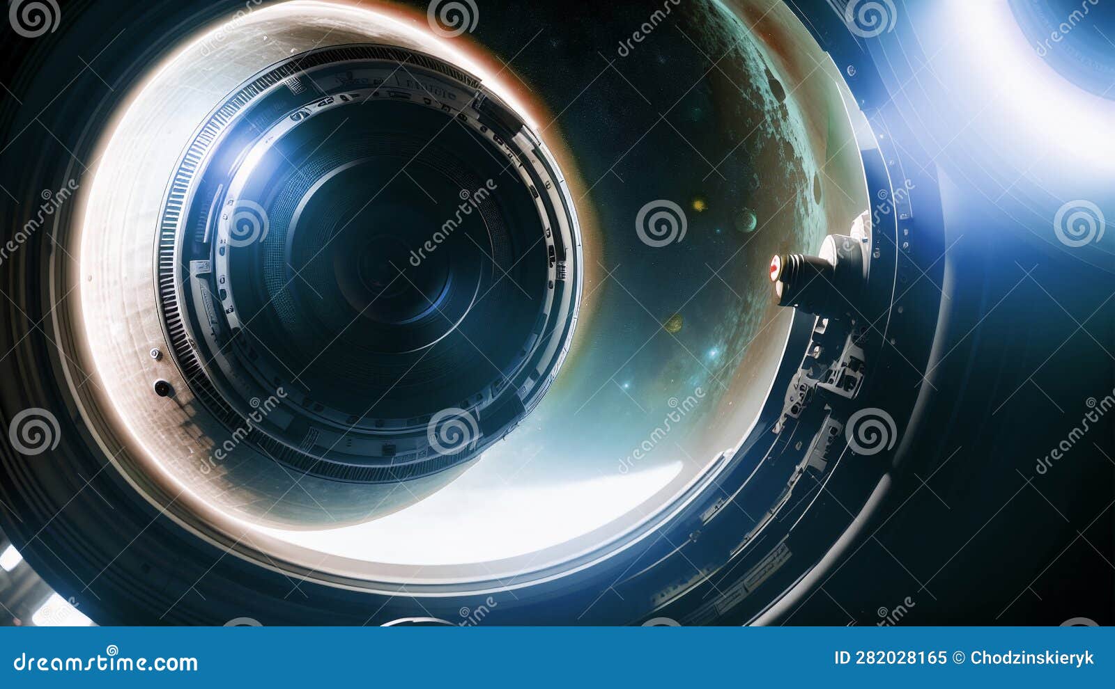 Space Station Docking Probe, Blue Light Inside the Airlock. Stars ...