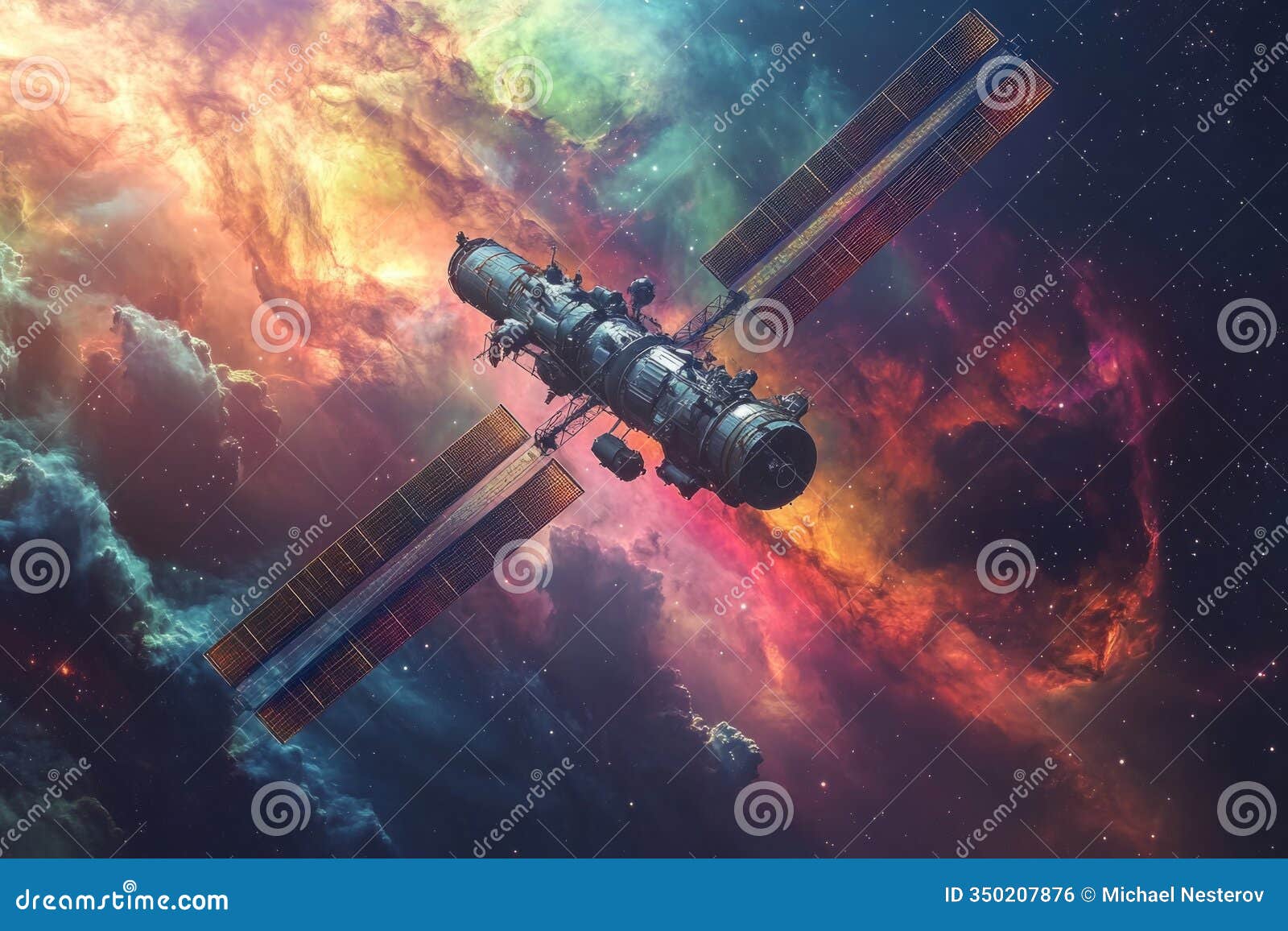 Space Station Floating in Colorful Nebula with Solar Panels Deploying ...