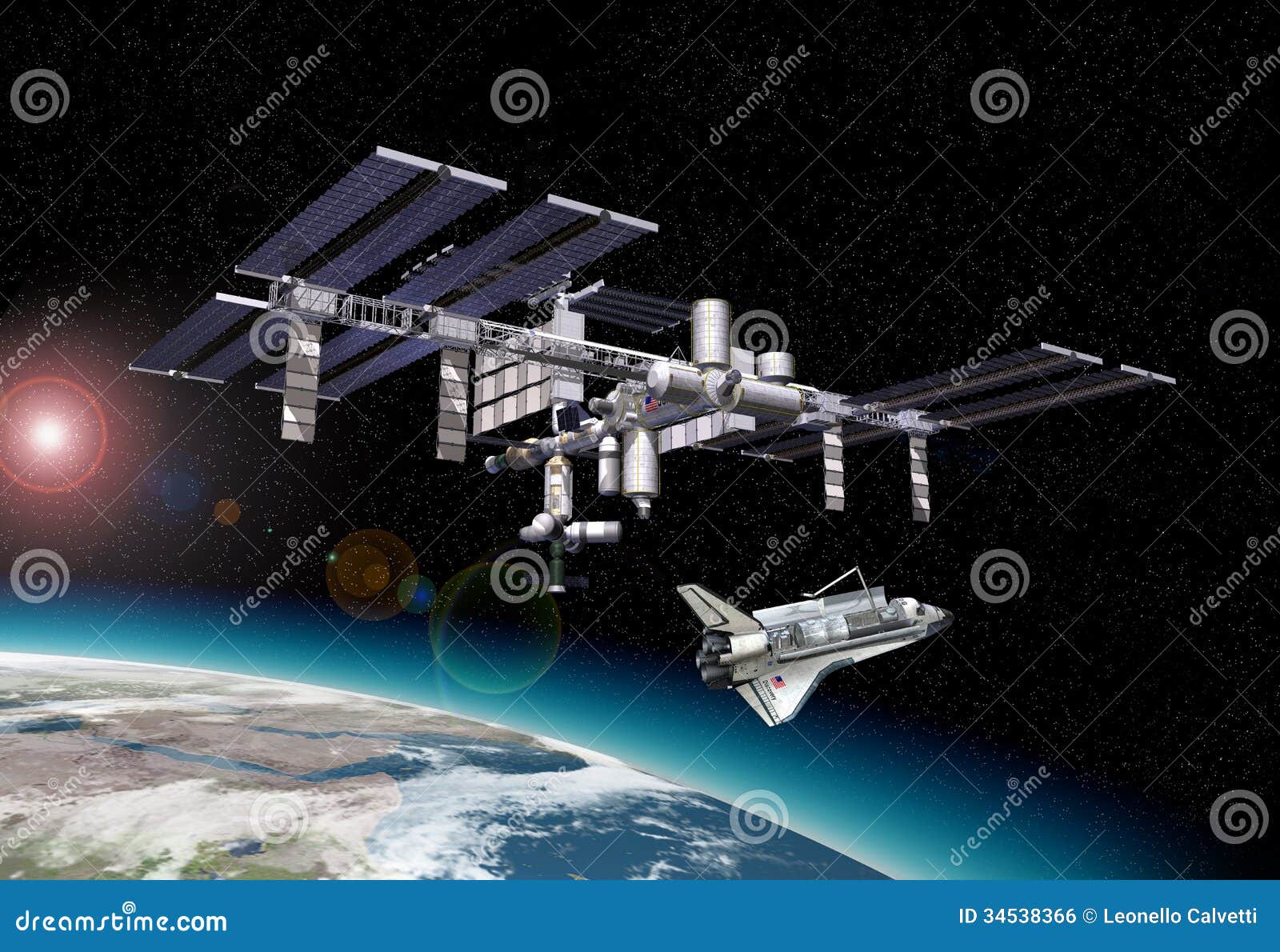 Space Station in Orbit Around Earth, with Shuttle. Stock Illustration ...