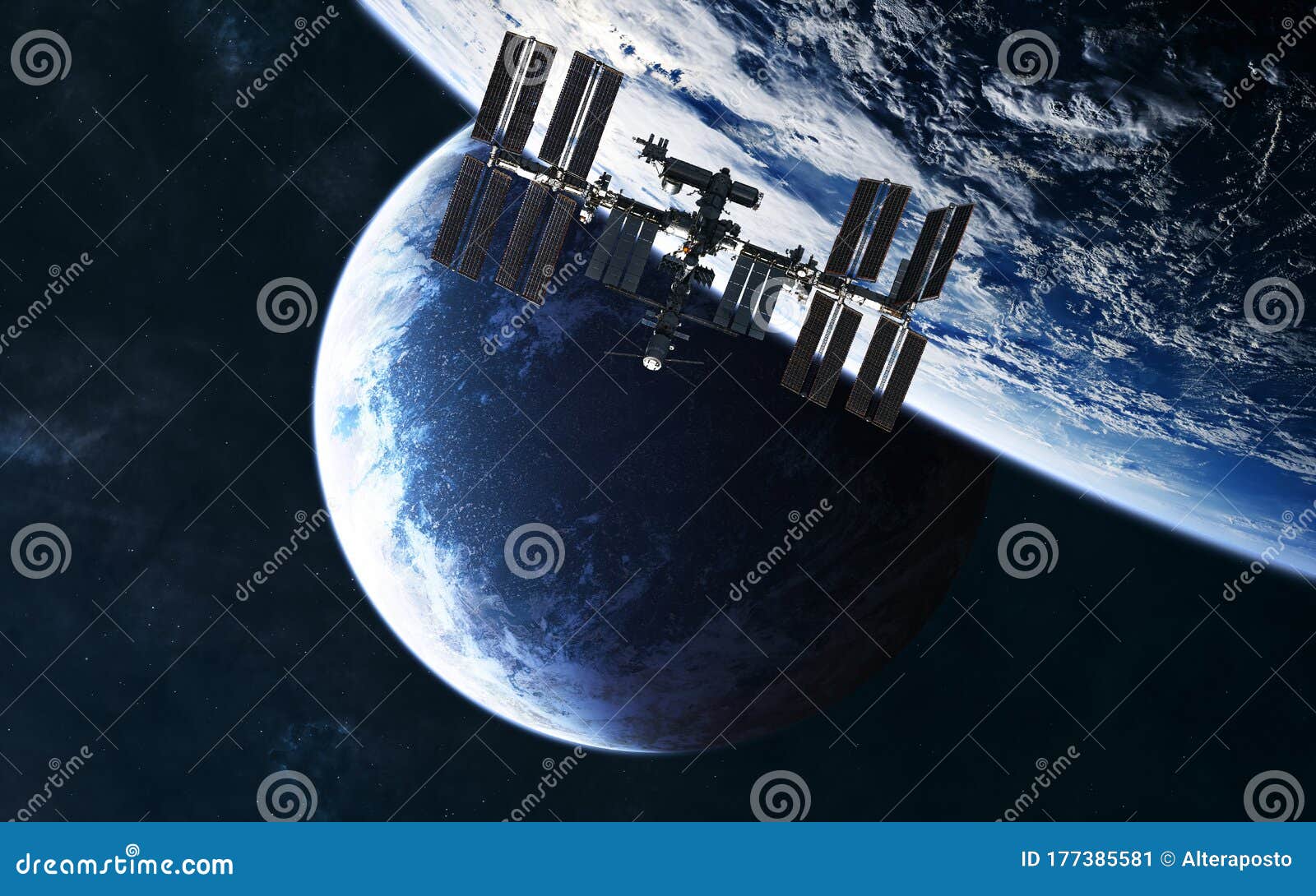 Space Station in Orbit of a Planet in Deep Space Stock Image - Image of ...