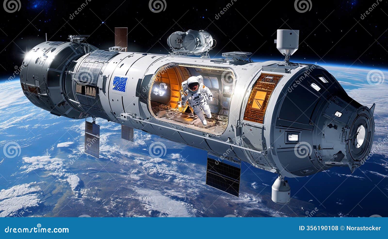 A Space Station Orbiting Earth with Astronauts Floating Inside a High ...
