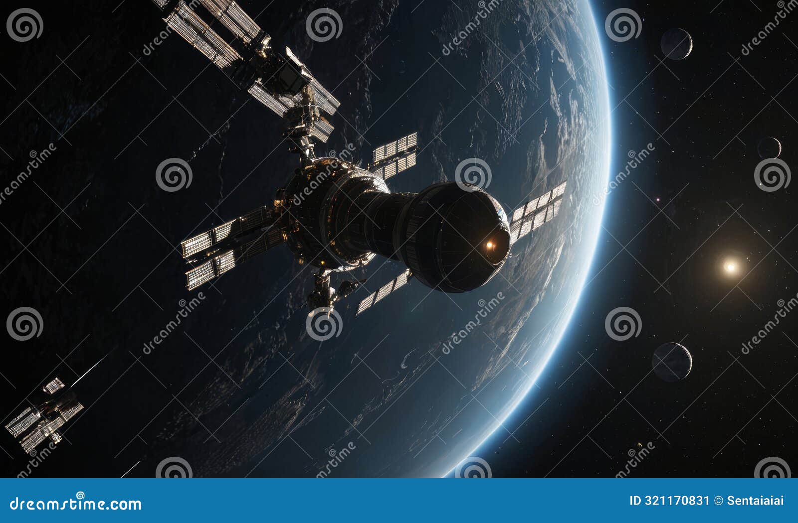 Space Station in Outer Space. Space Satellite in Orbit of Earth Planet Stock Illustration ...