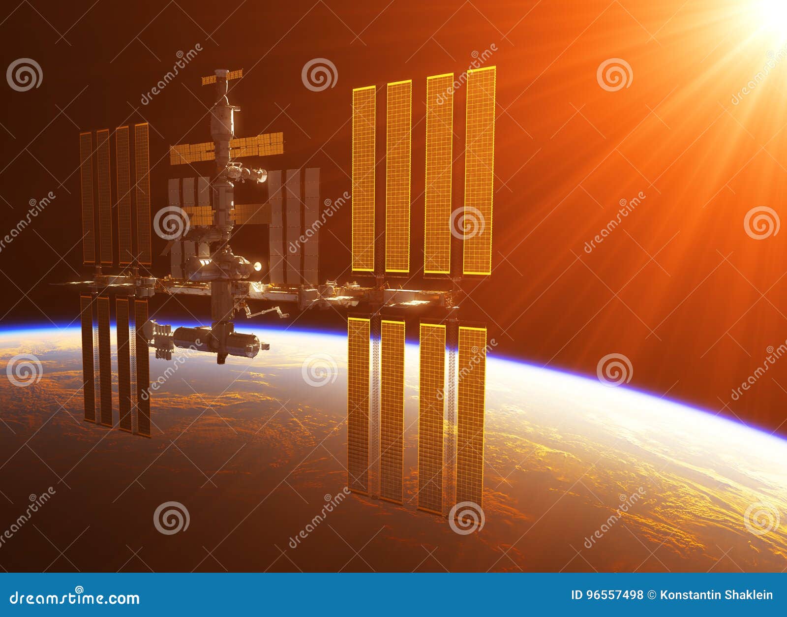 Space Station in the Rays of Sun Stock Illustration - Illustration of ...