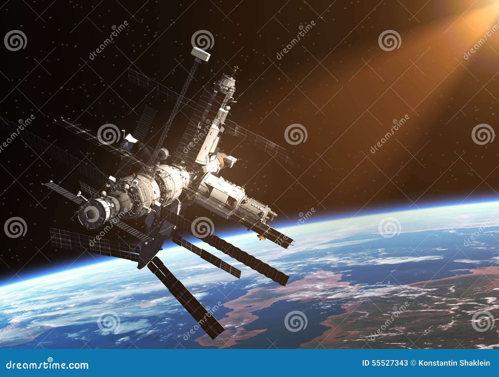 Space Station in the Rays of the Sun Stock Illustration - Illustration ...