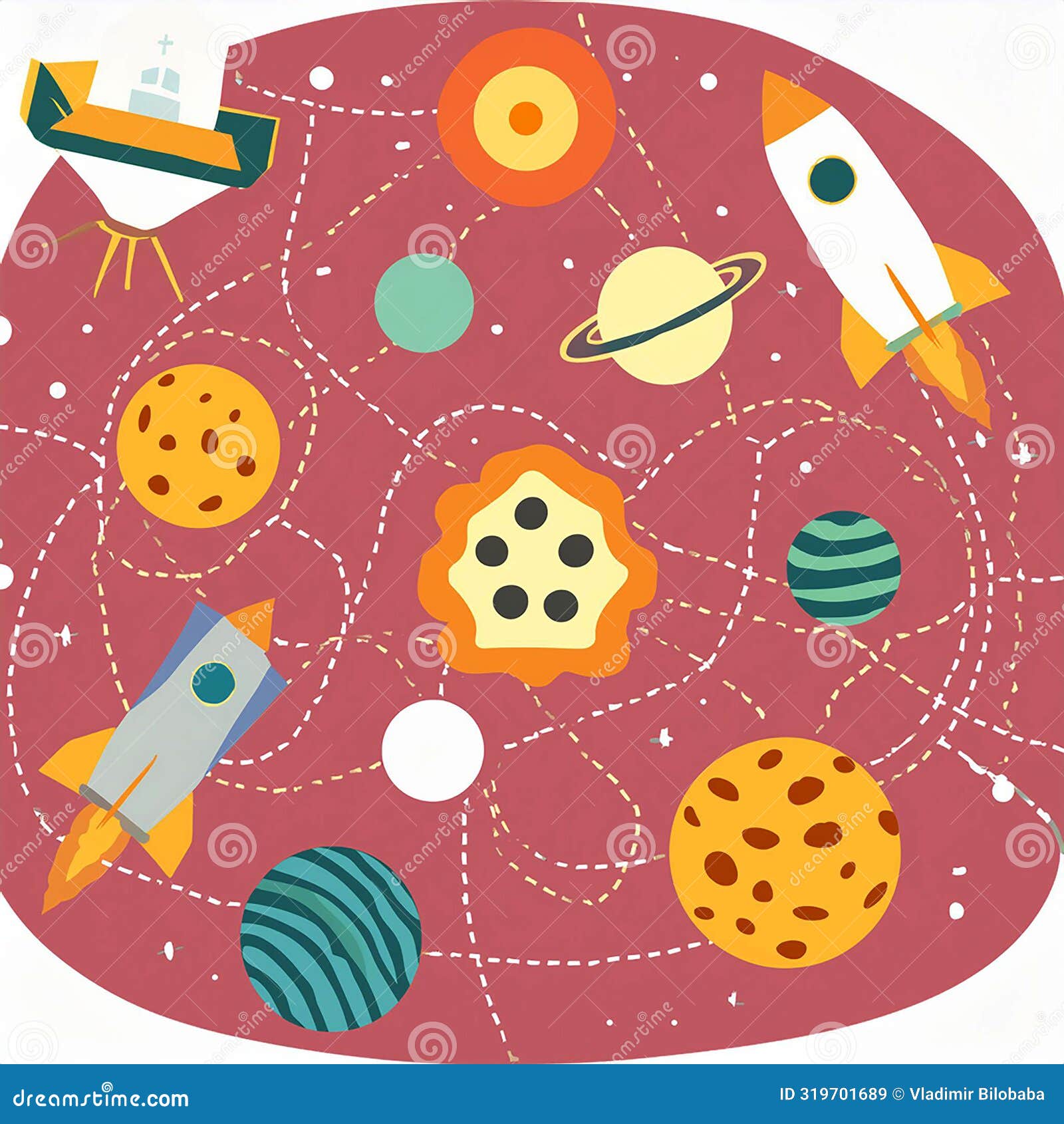 Space Station with Rocket, Stars, and Planets Stock Illustration ...