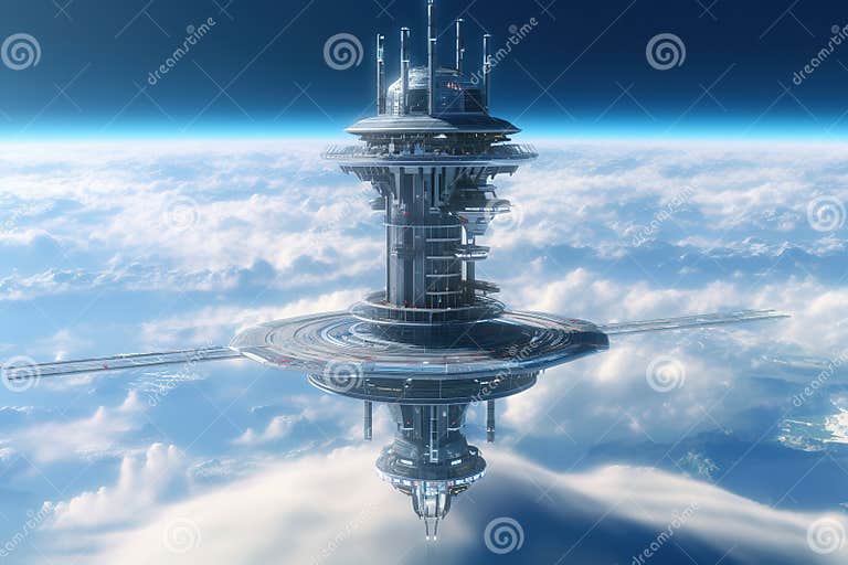 A Space Station or Space Elevator. a Large Tower.illustration Stock ...