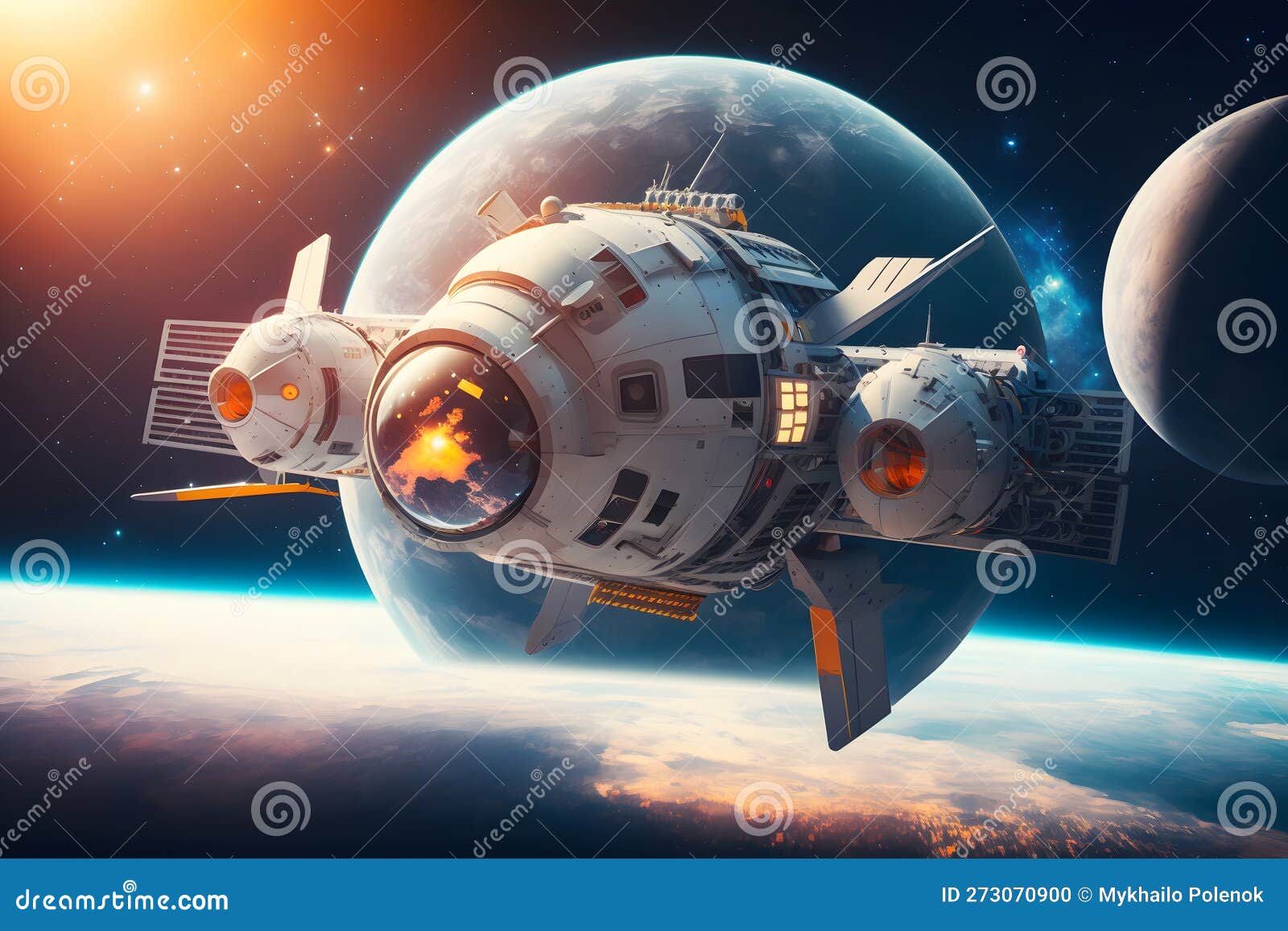 Space Station and Space Ship in the Outer Space. Earth Sunshine on the ...