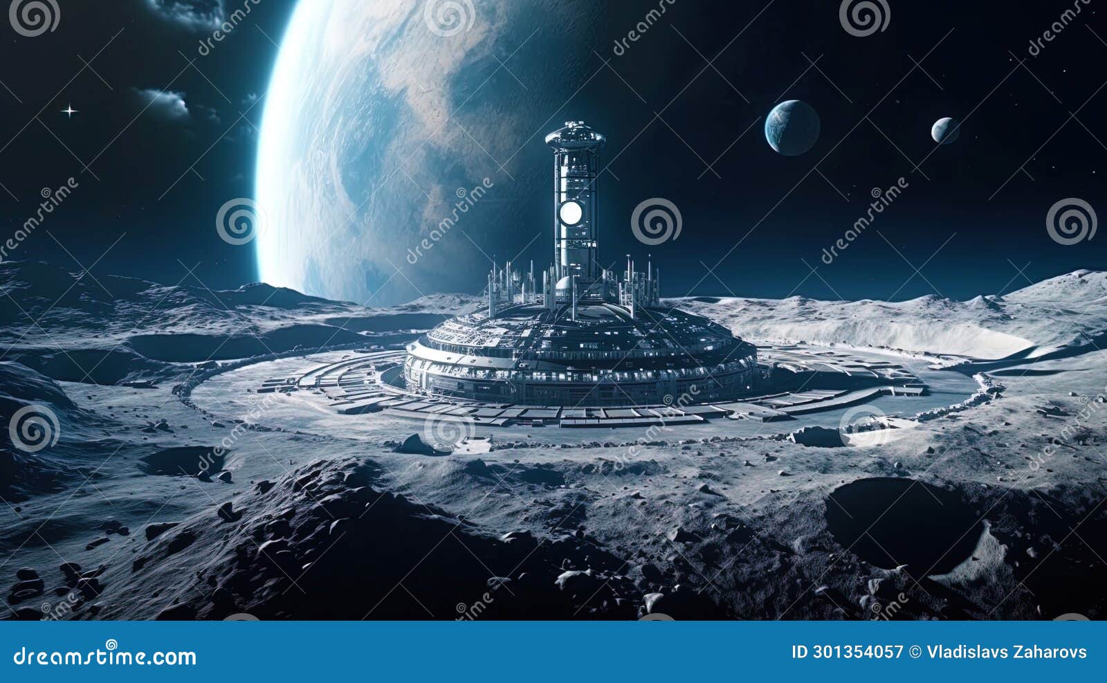 The Space Station on the Surface of the Moon, Lit by the Bright Sun ...