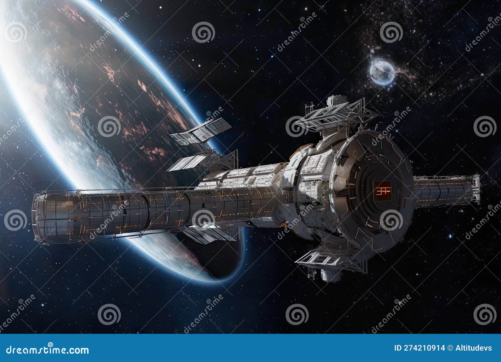 Space Station, with View of a Distant Starry Nebula in the Background ...