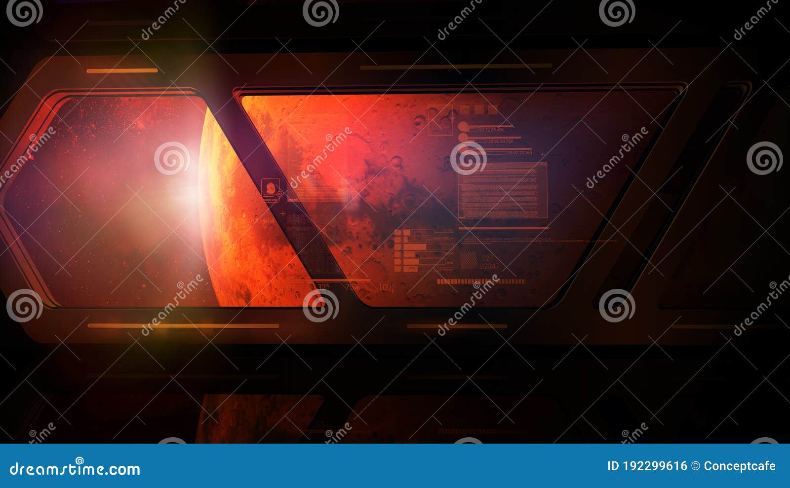 Space Station Window Overlooking Mars and Virtual Data. Stock ...