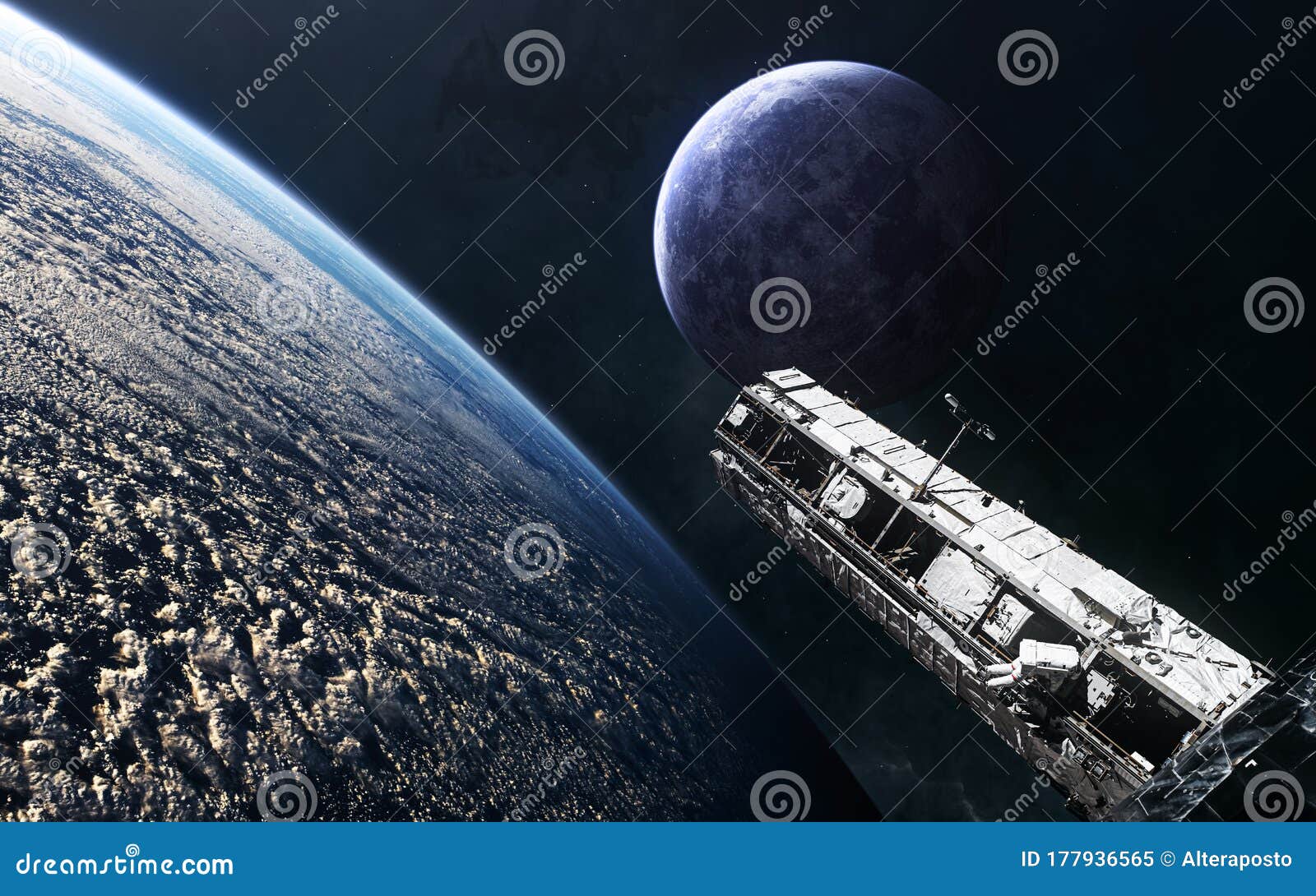 Space Stations On Background Of The Moon. View From The Orbit Of Earth ...
