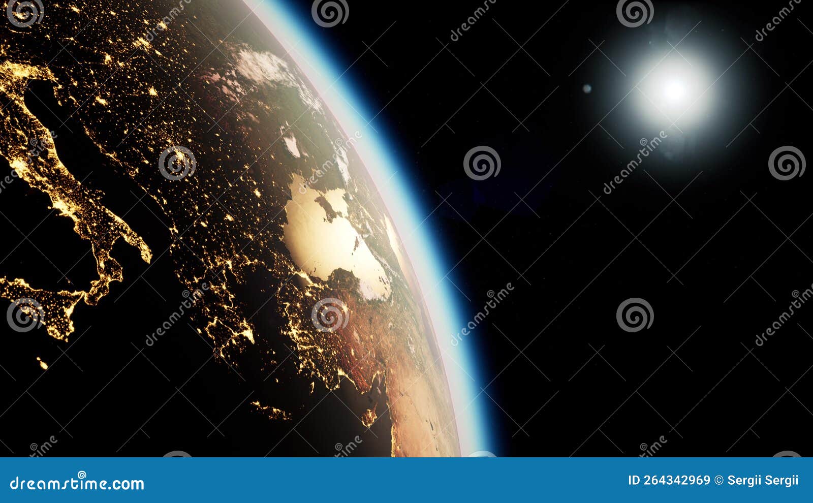 Space, Sun and Planet Earth at Night Stock Illustration - Illustration ...