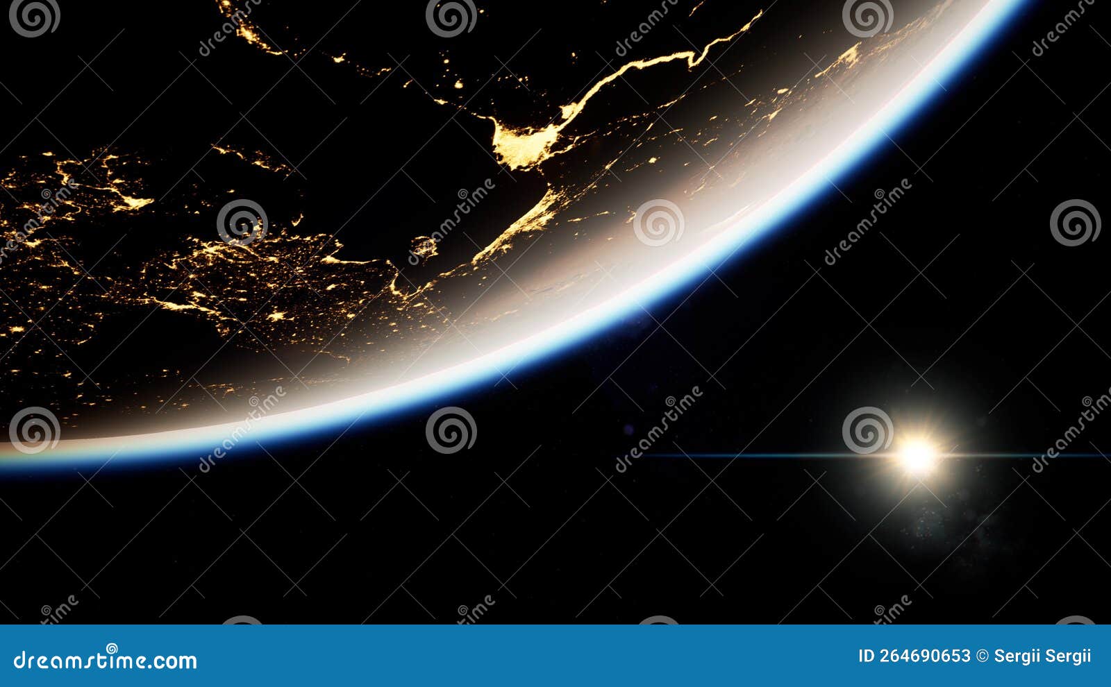 Space, Sun and Planet Earth at Night Stock Illustration - Illustration ...