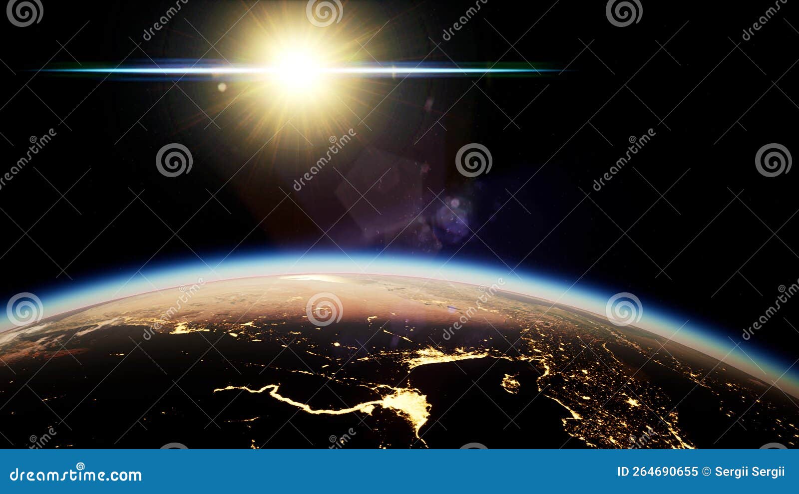 Space, Sun and Planet Earth at Night Stock Illustration - Illustration ...