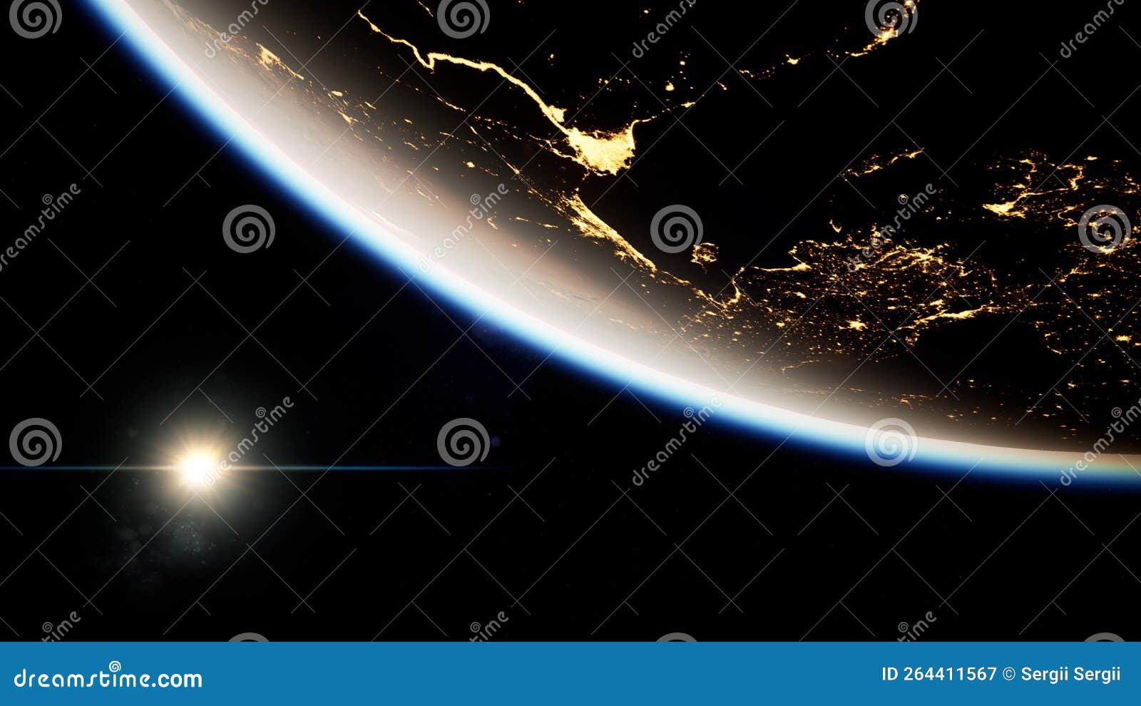Space, Sun and Planet Earth at Night Stock Illustration - Illustration ...