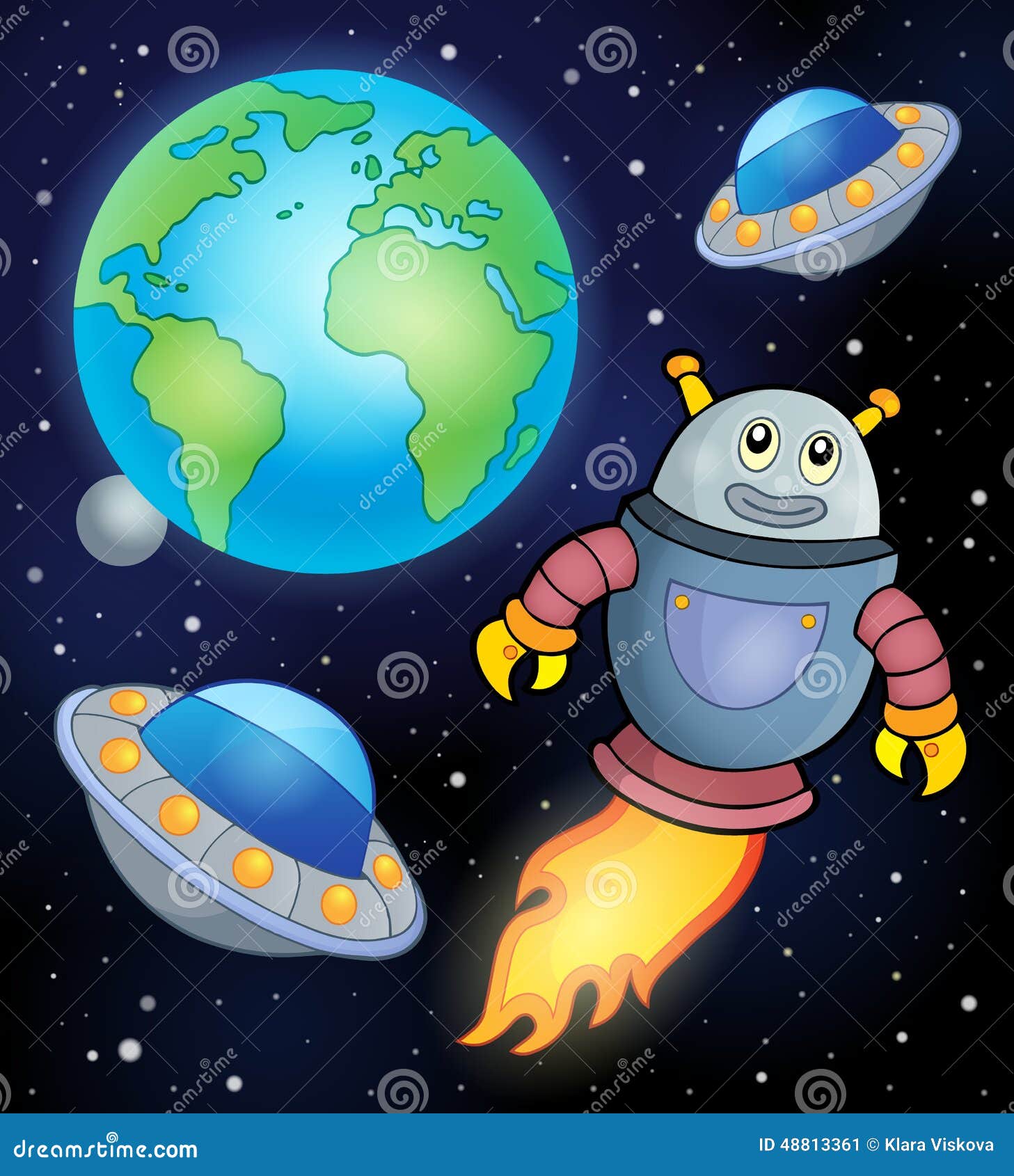 Space Theme with Flying Robot Stock Vector - Illustration of star, moon ...